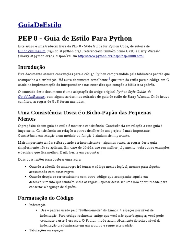 PEP 8 - Guia de Estilo para Python | PDF | Programação de computadores ...