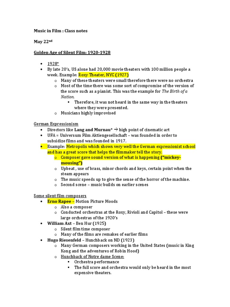 Music in Film - Class Notes | PDF | Silent Film | Film Score