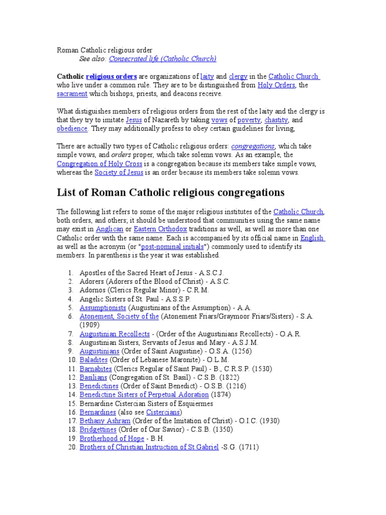 Roman Catholic Religious Order See Also: Consecrated Life (Catholic ...