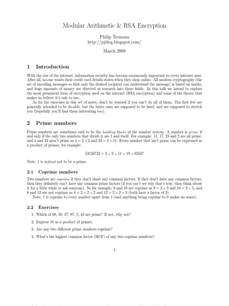 Modular Arithmetic And Rsa Encryption Pdf Cryptography Key