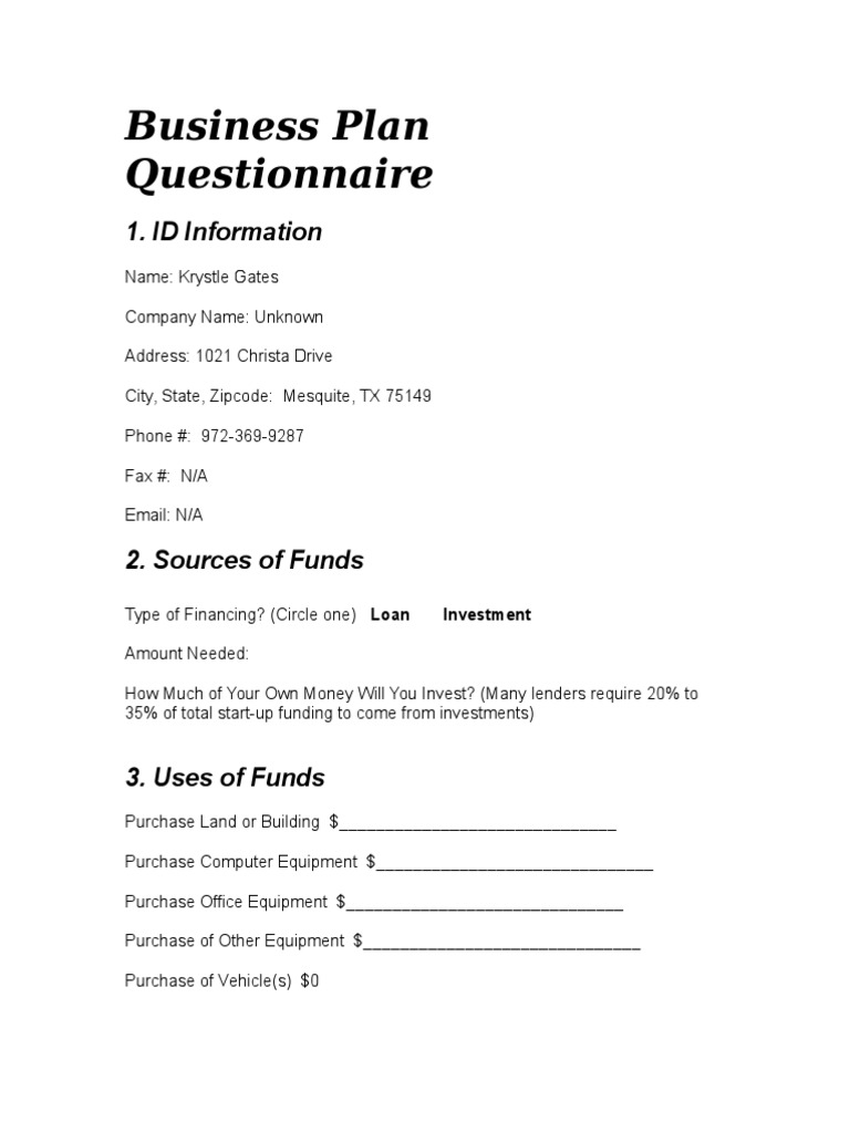 Business Plan Questionnaire | Download Free PDF | Household Behavior ...