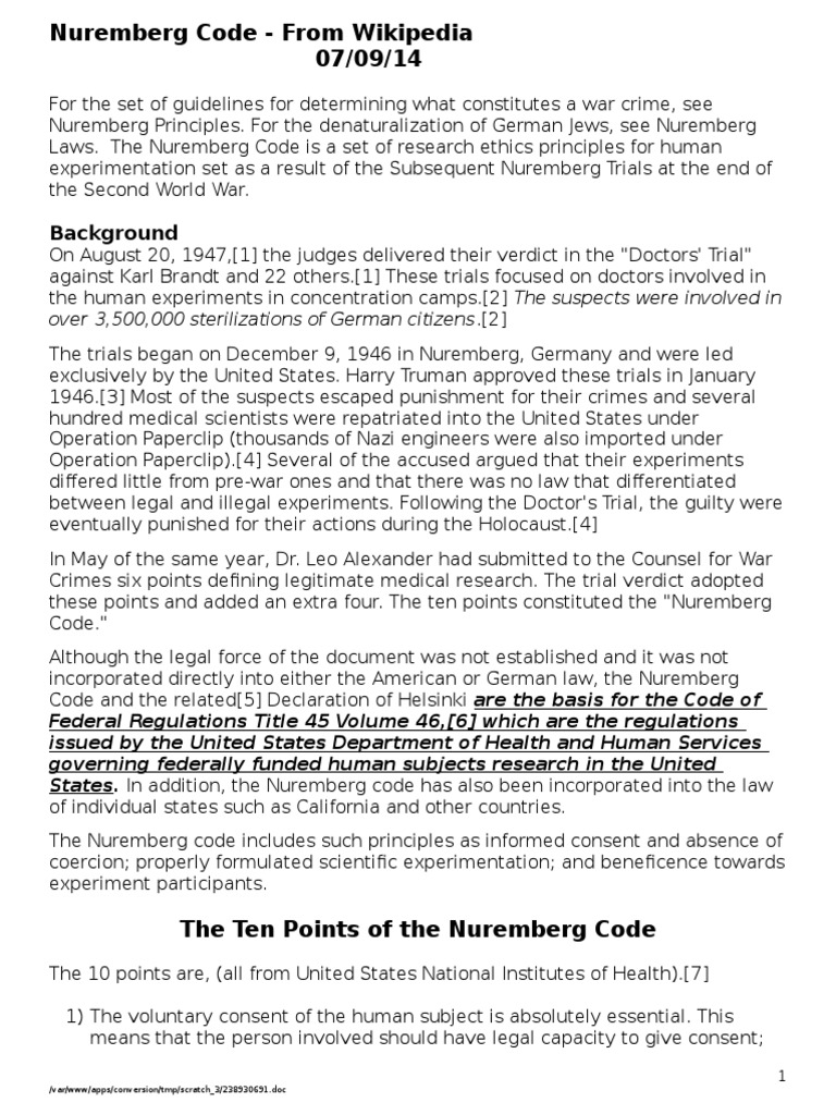The Nuremburg Code (Wiki) | PDF | Nuremberg Trials | Applied Ethics