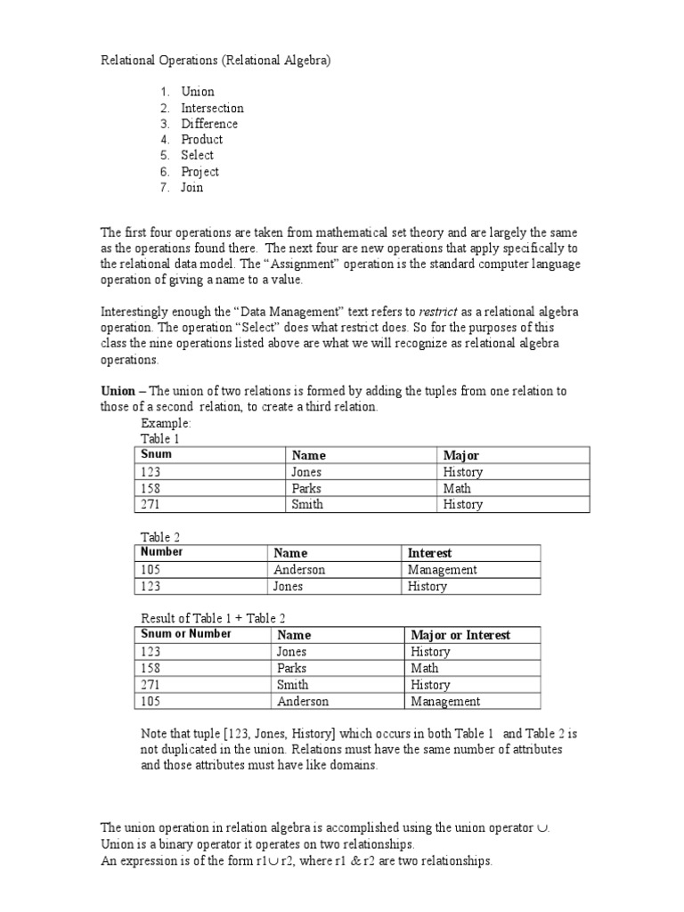 Relational Operations Algebra | PDF | Relational Database | Databases