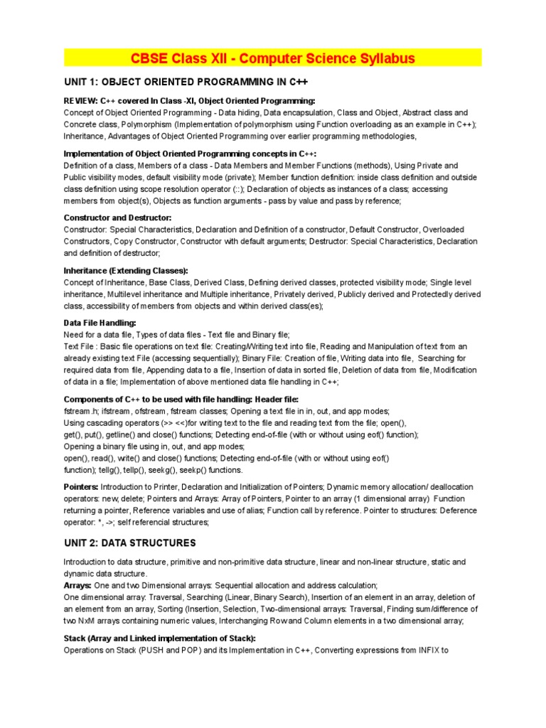 Cbse Class Xii Computer Science Syllabus Unit 1 Object Oriented Programming In C Pdf