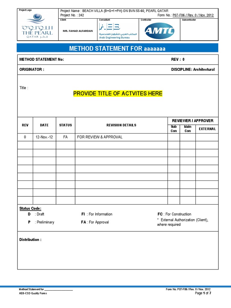 P07-F06 Method Statement Template | PDF | General Contractor ...