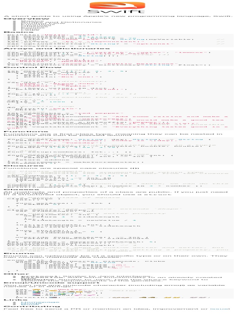 Basics: Basics Arrays and Dictionaries Control Flow Functions Closures Classes Enums Other Links ...