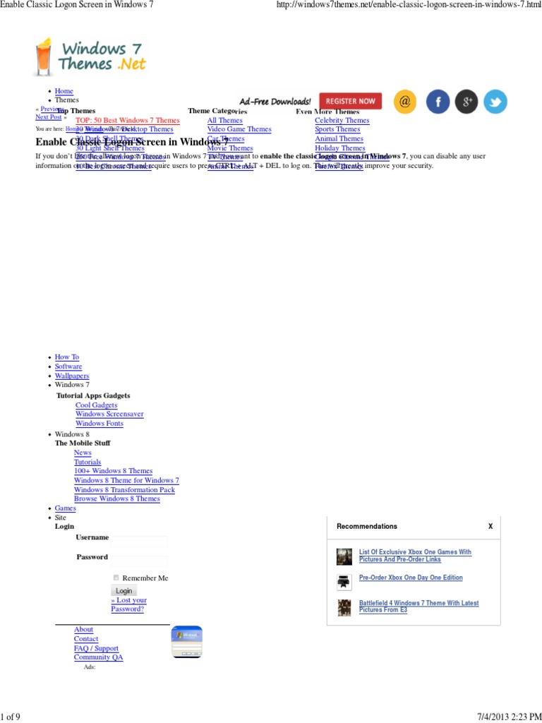 Enable Classic Logon Screen in Windows 7 | PDF | Windows 7 | Windows 8