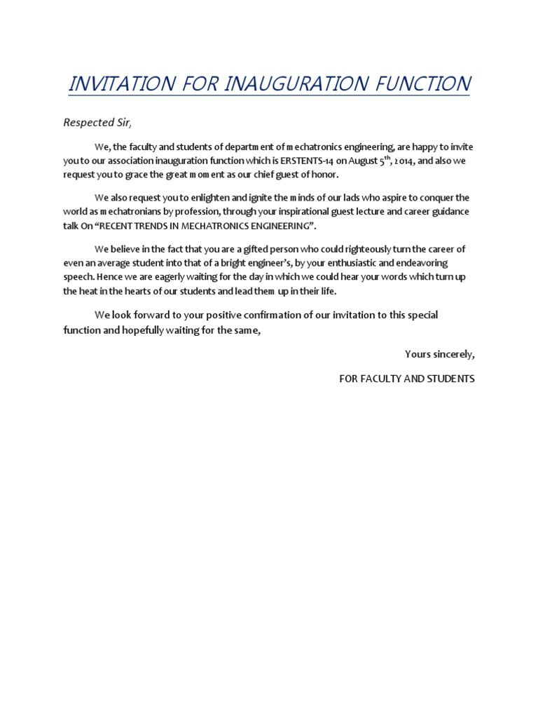 Invitation For Inauguration Function: Respected Sir | PDF