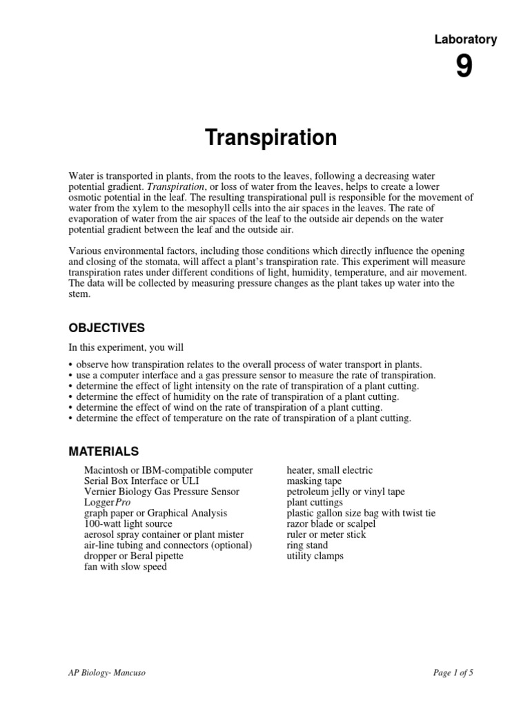 Transpiration Experiment Using Plastic Bags | PDF | Nature