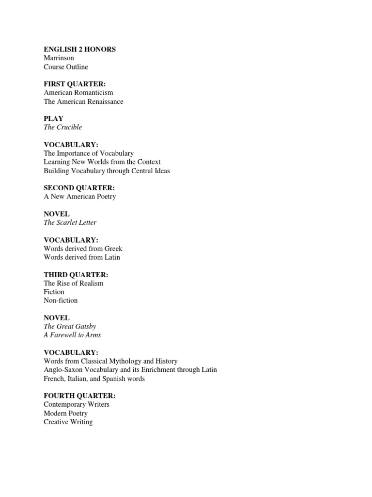 English 2 Honors Course Outline | PDF | Novels | Vocabulary
