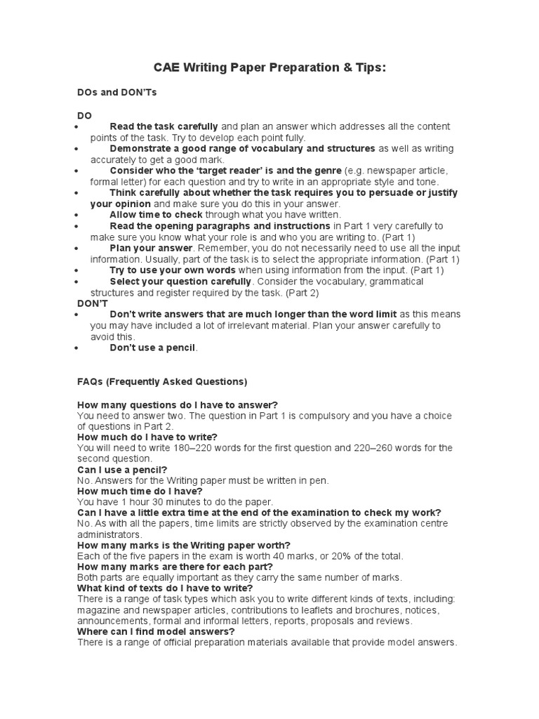CAE Writing Paper Tips & Guidelines | PDF