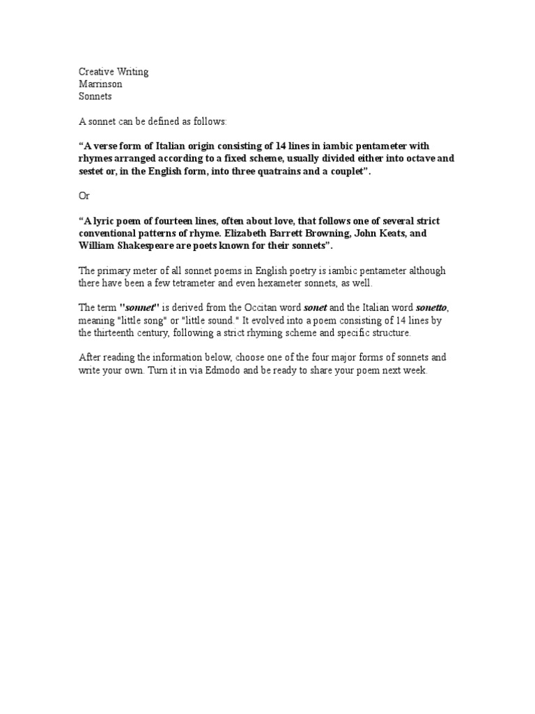 Sonnet Writing For Creative Writing | PDF | Sonnets | Poetic Form