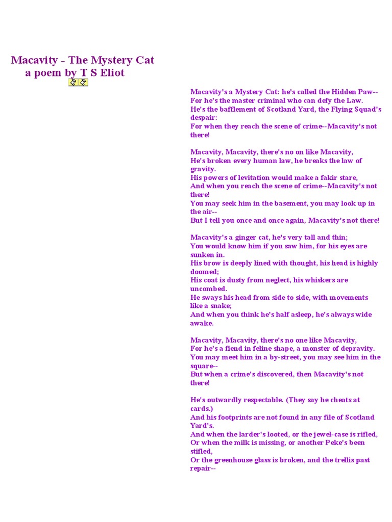 Macavity - The Mystery Cat Apoembytseliot | PDF | Domesticated Animals ...