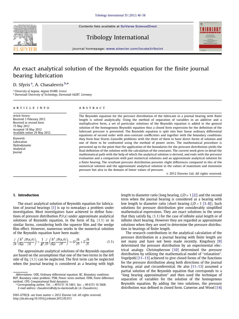 An Exact Analytical Solution of The Reynolds Equation For The Finite ...
