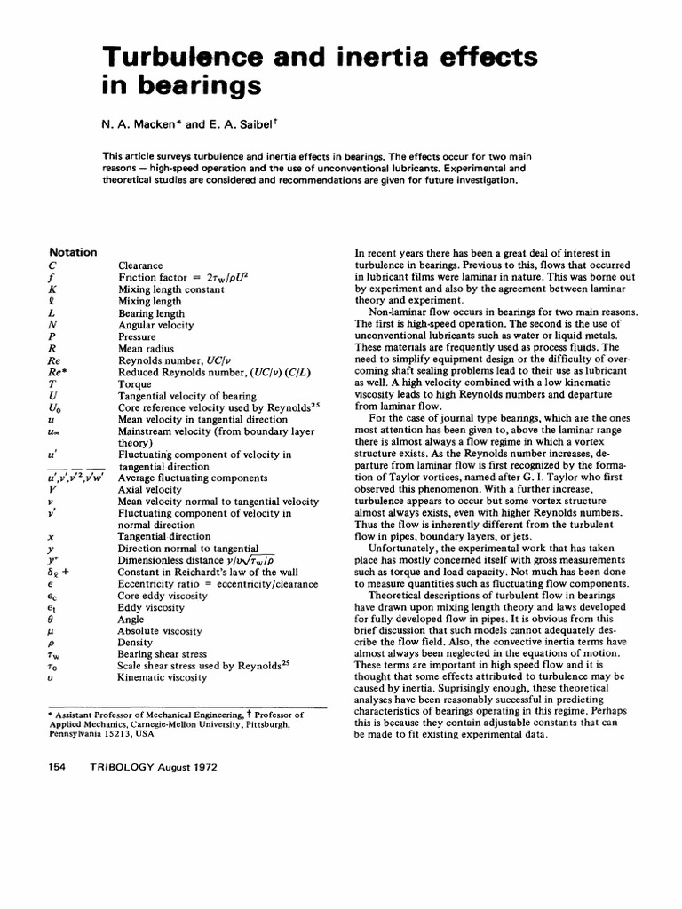 Turbulence and Inertia Effects in Bearings | PDF | Reynolds Number | Fluid Dynamics