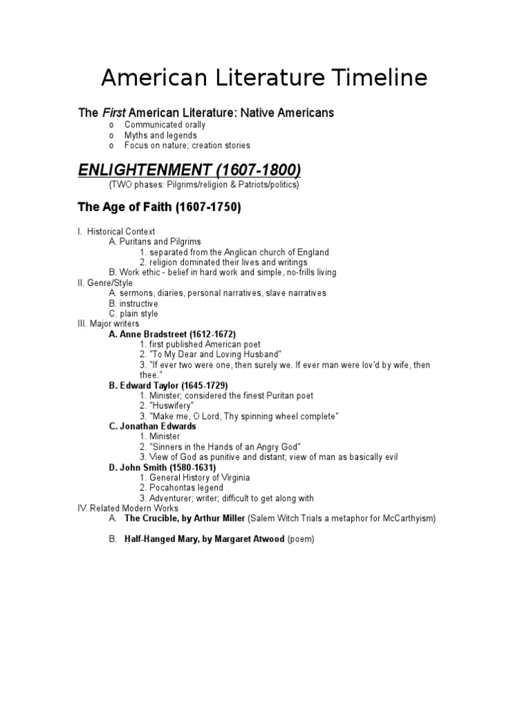 American Literature Timeline: ENLIGHTENMENT (1607-1800) | PDF | Poetry