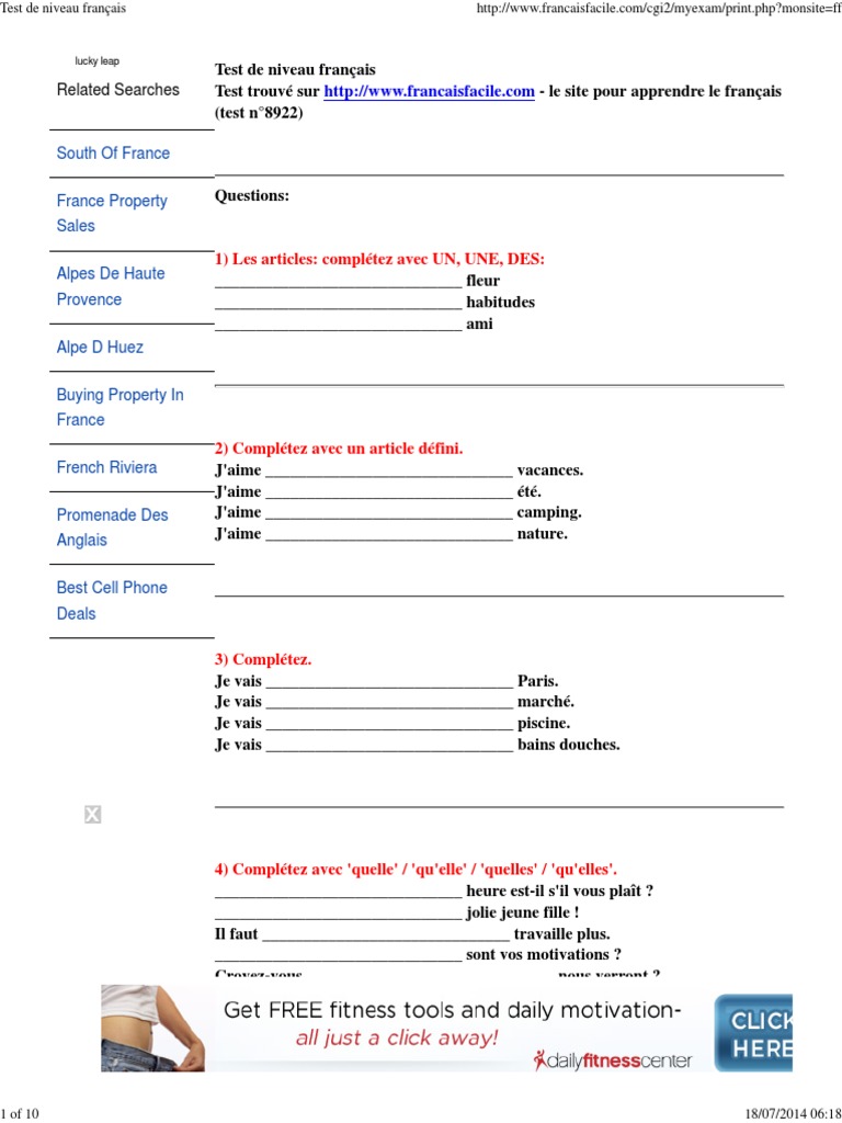 Test de Niveau Français | PDF | Sujet (Grammaire) | Nombre grammatical