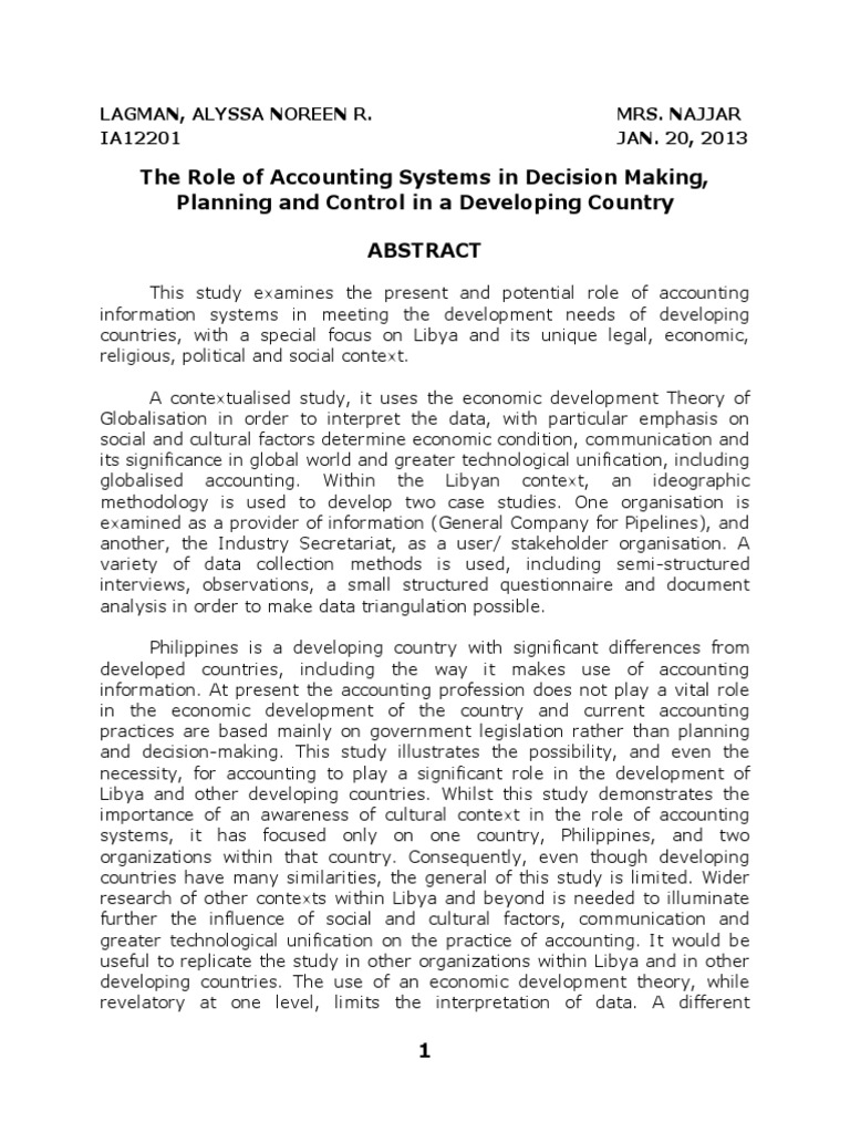 The Role of Accounting Systems in Decision Making, Planning and Control ...