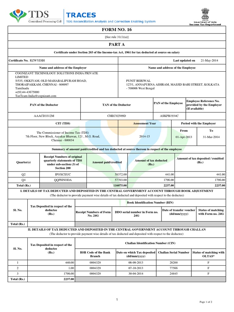 Form No. 16: Part A | PDF | Taxes | Salary