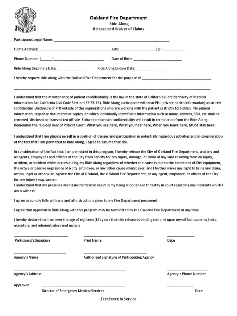 Oakland Fire Department: Ride-Along Release and Waiver of Claims | PDF ...