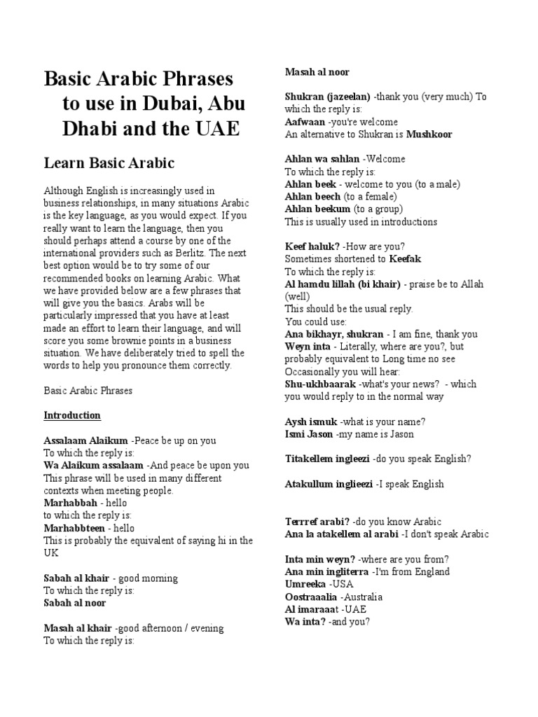 Basic Arabic Phrases To Use in Dubai | PDF | Languages Of Africa | Arabs
