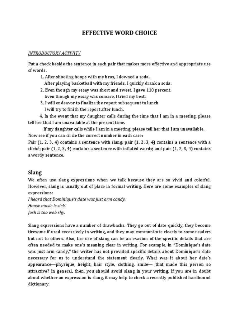 Effective Word Choice: Introductory Activity | PDF | Slang | Sentence ...