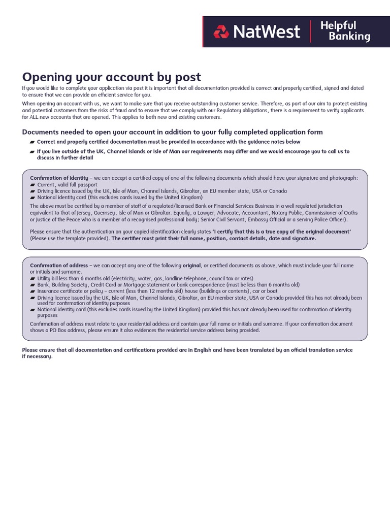 Natwest Account Opening Checklist | PDF | Identity Document | Notary Public