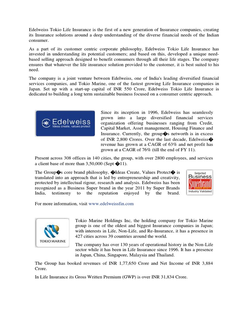 Edelweiss Tokio Life Insurance Overview | PDF | Insurance | Life Insurance