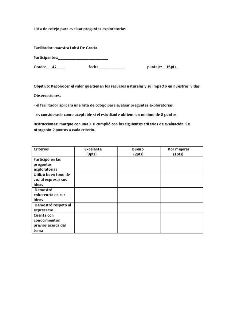 Lista de Cotejo para Evaluar Preguntas Exploratorias | PDF