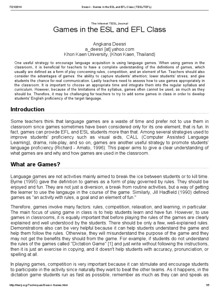 Using Games in ESL and EFL Classes | PDF | English As A Second Or ...