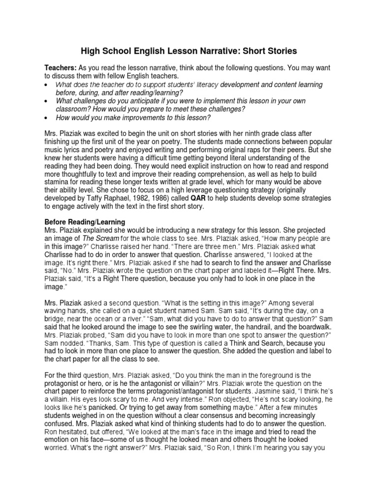 High School English Lesson Narrative: Short Stories | PDF | Teaching ...