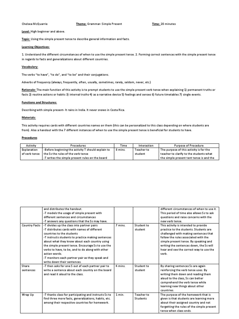 Grammar Simple Present Lesson Plan | Download Free PDF | Grammatical ...