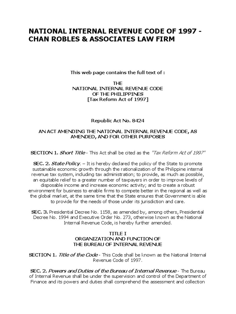 The Tax Reform Act of 1997: A Comprehensive Overhaul of the Philippine ...