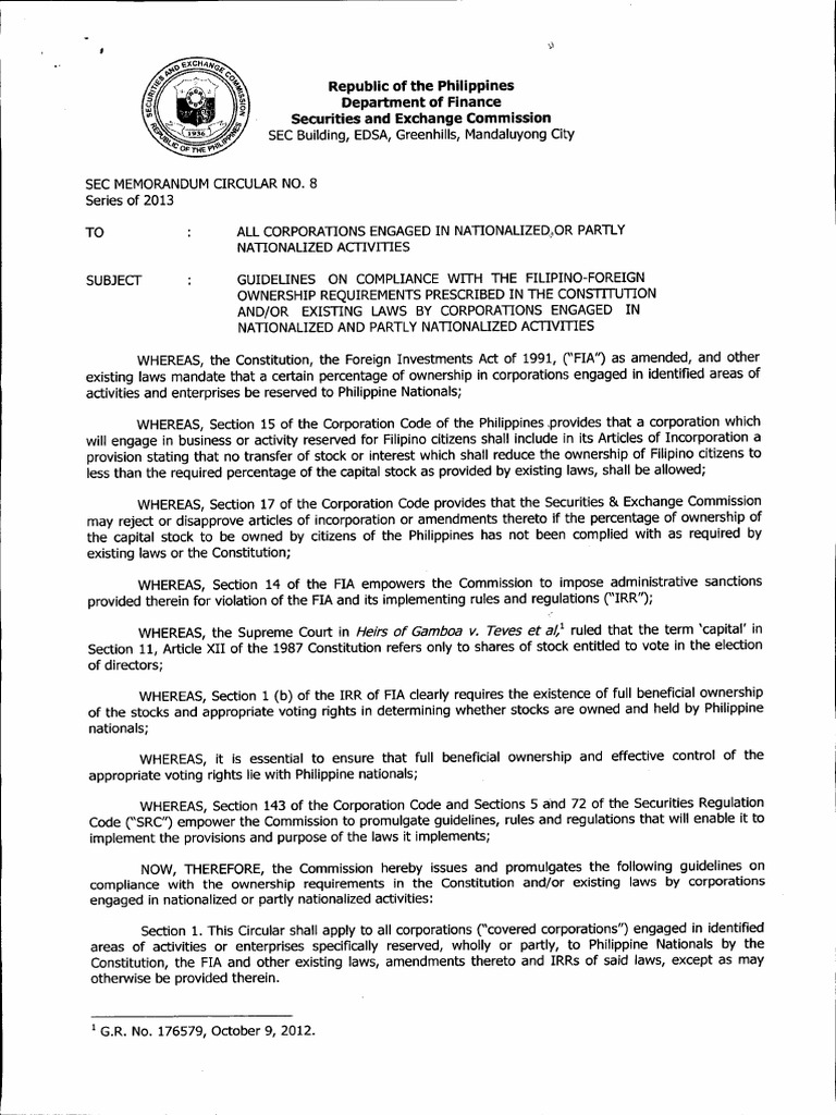 SEC MC 08-2013 - Guidelines On Filipino-Foreign Ownership in Corp | PDF ...