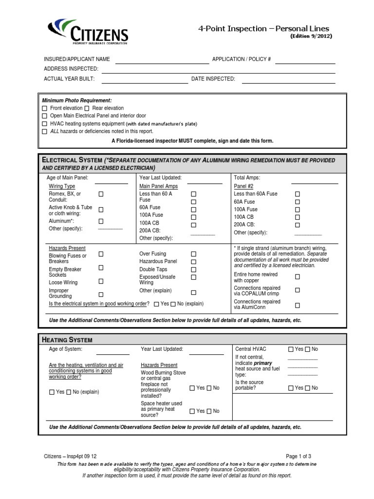 Citizens - 4 Point Inspection Form (0912) | PDF | Hvac | Electrical Wiring