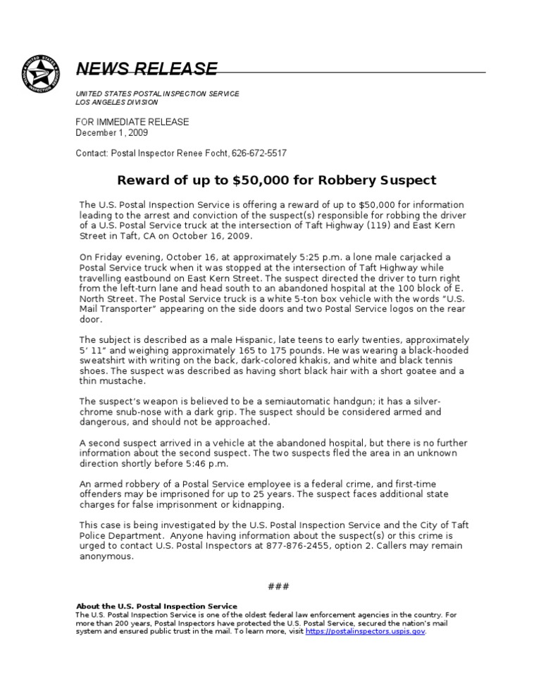 $50K Reward for Postal Robbery Info | PDF | United States Postal ...
