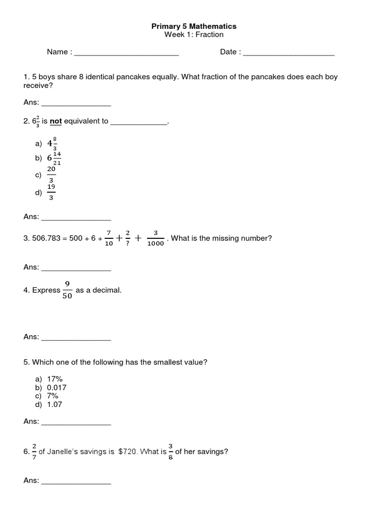 Primary 5 Fraction Worksheet | Fraction (Mathematics) | Notation