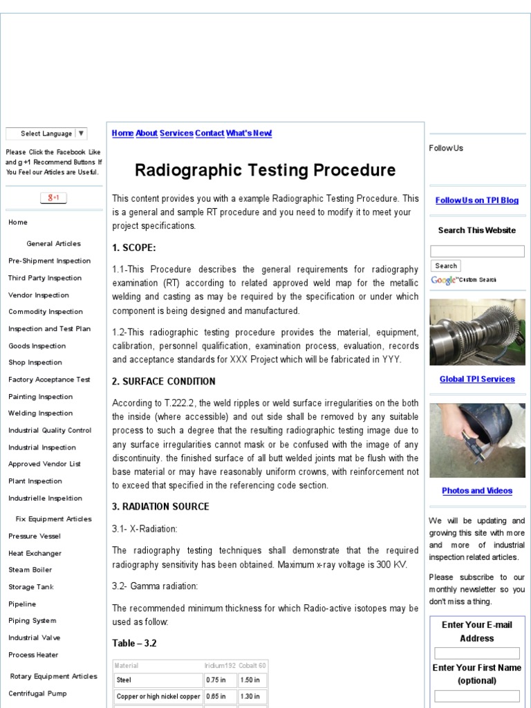 Radiographic Testing Procedure | PDF | Radiography | Welding
