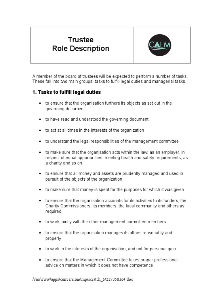 Role Description For Trustees | PDF | Trustee | Charitable Organization