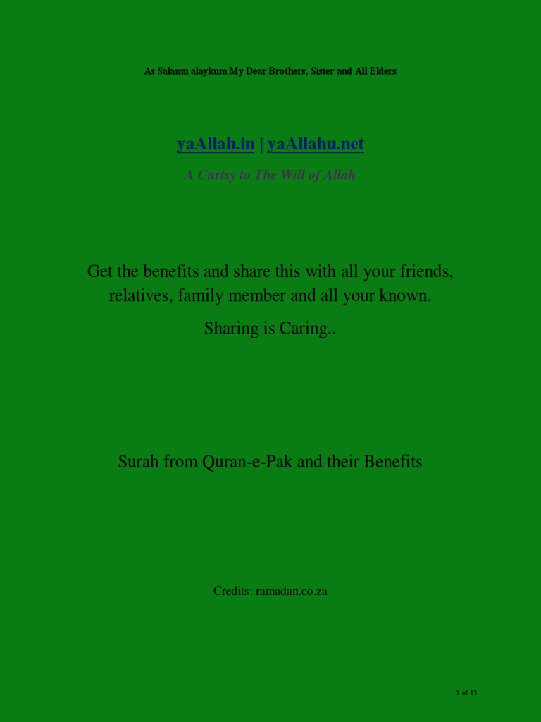 Benefits of Quran Surahs Explained | PDF | Surah | Religious Belief And ...