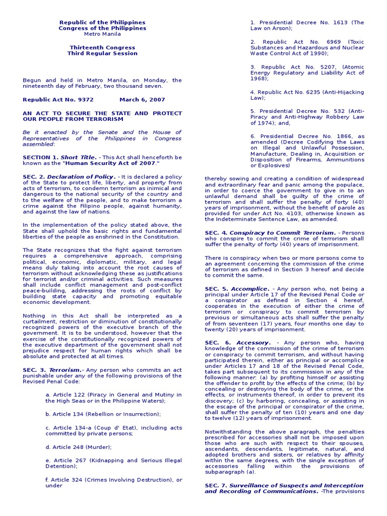 RA 9372 Human Security Act of 2007 | PDF | Detention (Imprisonment) | Bail
