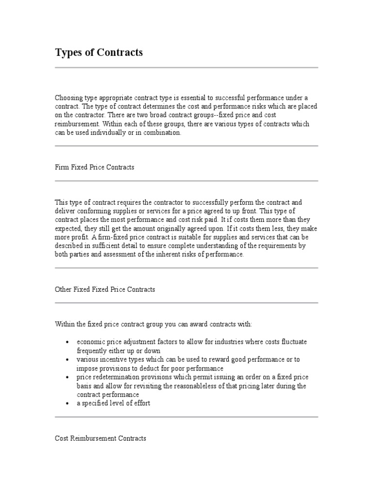 Types of Contracts Explained: Fixed vs. Cost | PDF | Business | Law