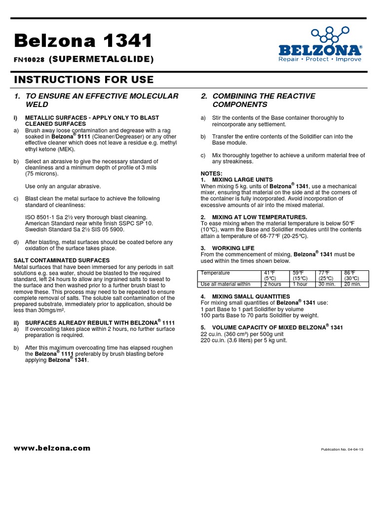 Belzona 1341 (Supermetalglide) - Instructions For Use | PDF | Industrial Processes | Materials