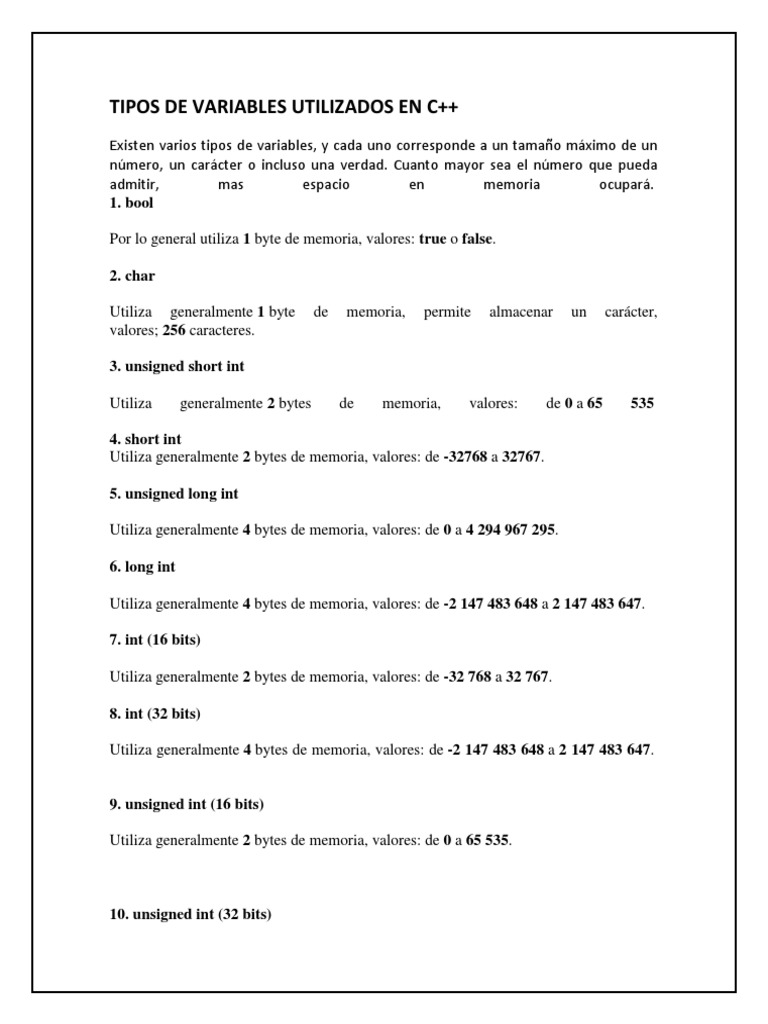 Tipos de Variables Utilizados en C | PDF | C ++ | Variable (informática)