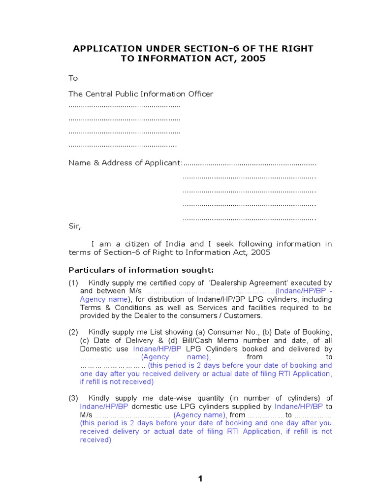 Sample Rti Application for Delay in Lpg Refill | Hydrocarbons | Petroleum