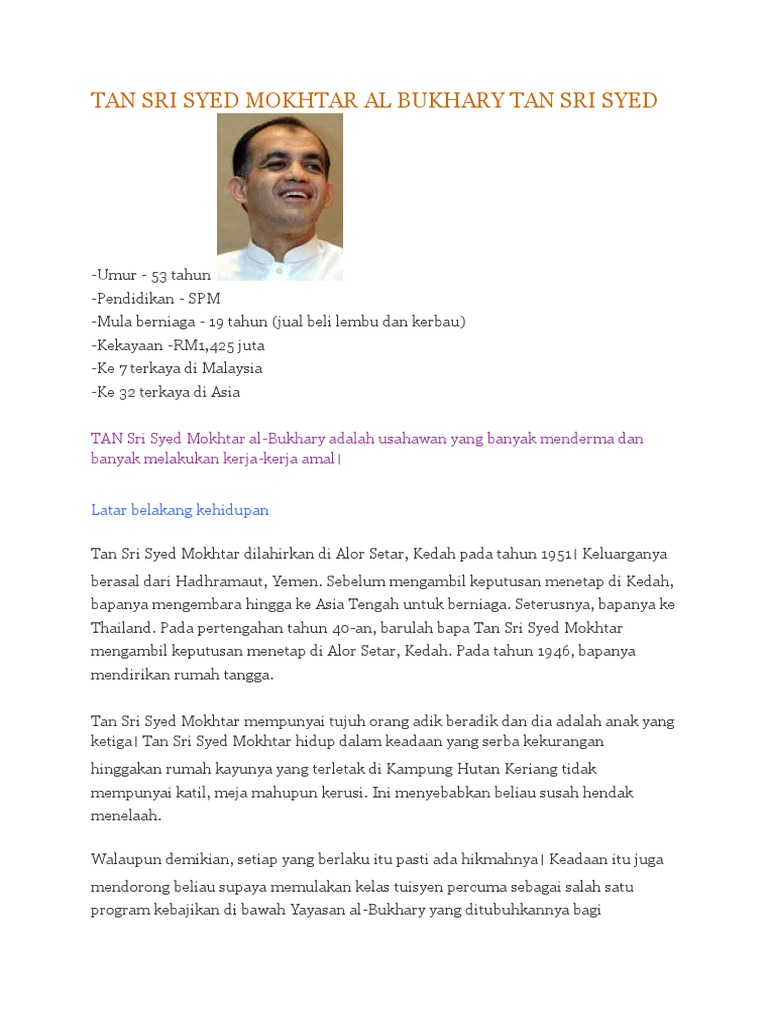 Tan Sri Syed Mokhtar Al Bukhary Tan Sri Syed | PDF