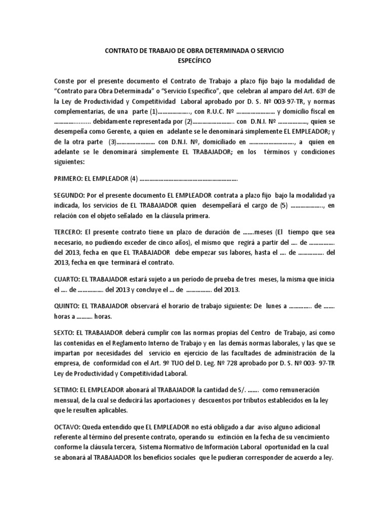 Contrato de Trabajo de Obra Determinada o Servicio | PDF | Derecho laboral | Instituciones sociales