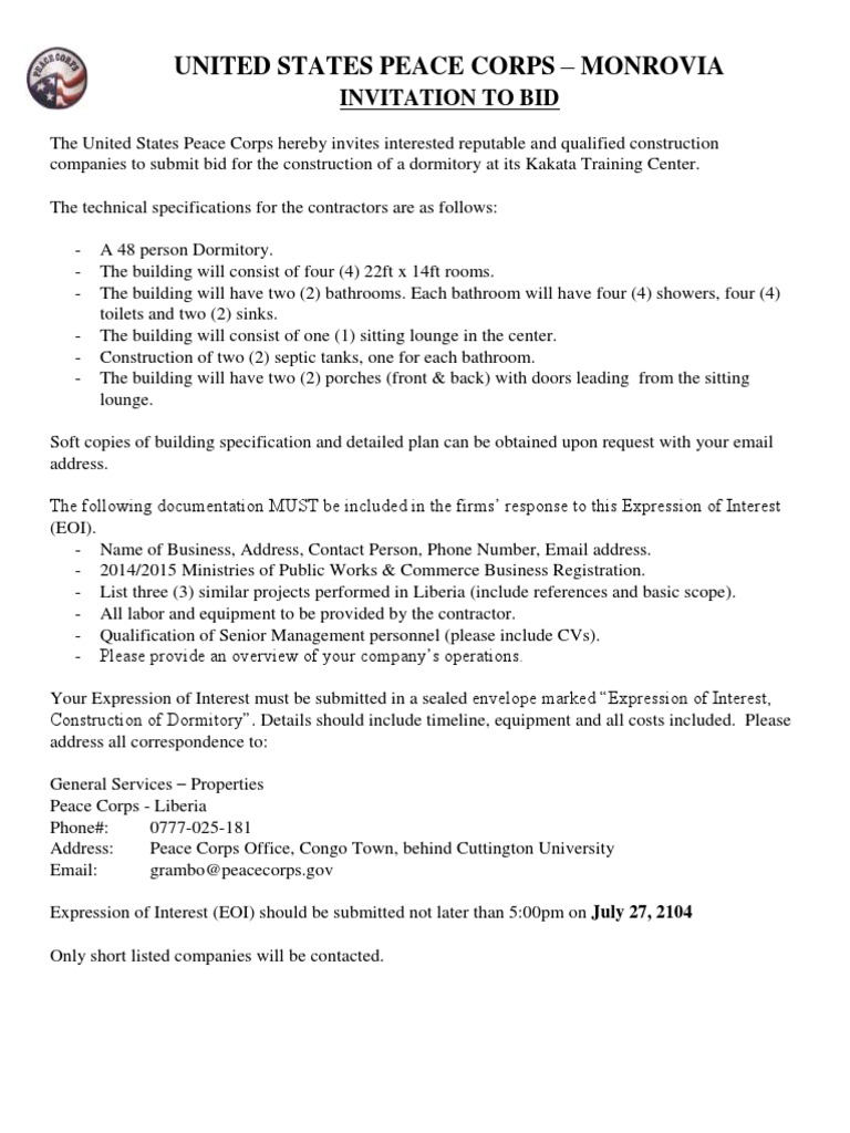 Peace Corps INVITATION TO BID Training Center | PDF