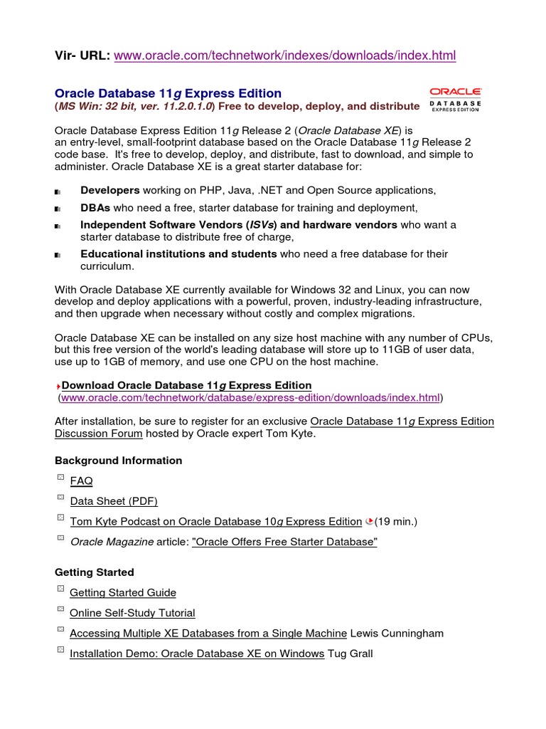 Oracle Database 11g Express Edition | Download Free PDF | Oracle Database | Databases