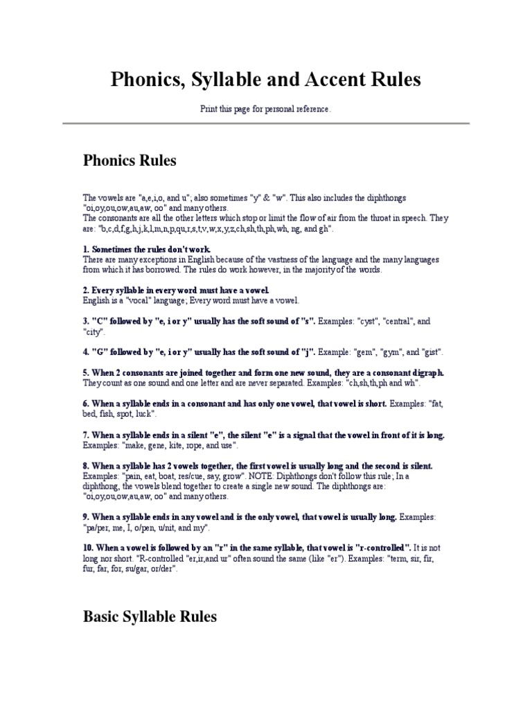 Phonics & Syllable Rules Guide | PDF | Stress (Linguistics) | Consonant